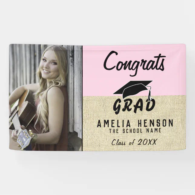 Congrats Grad Pink Rustic Photo Graduation Party Banner | Zazzle
