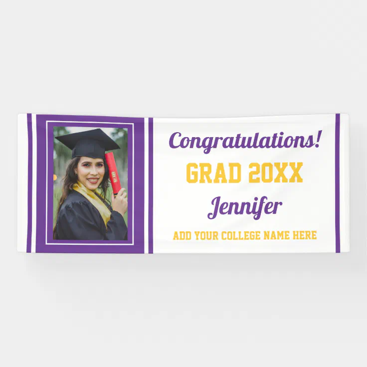 Congrats Grad Purple Gold White Photo Graduation Banner | Zazzle