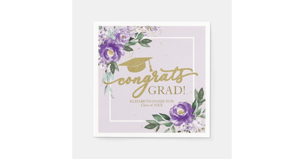 Congrats Grad Purple Lavender Floral Grad Party Napkins | Zazzle