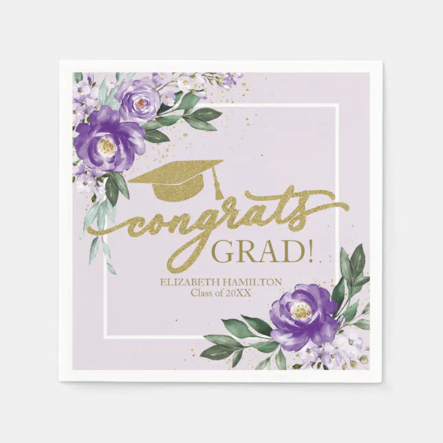 Congrats Grad Purple Lavender Floral Grad Party Napkins | Zazzle