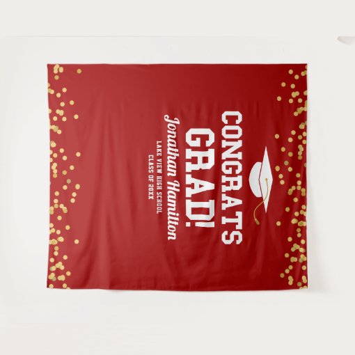 Congrats Grad Red Gold Grad Party Backdrop | Zazzle