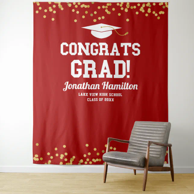 Congrats Grad Red Gold Grad Party Backdrop | Zazzle