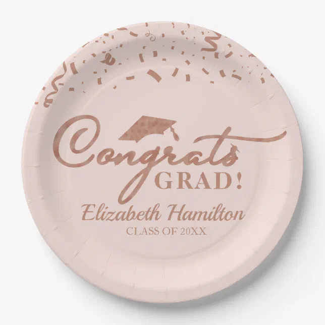 Congrats Grad Rose Gold Script Graduation Party Paper Plates | Zazzle