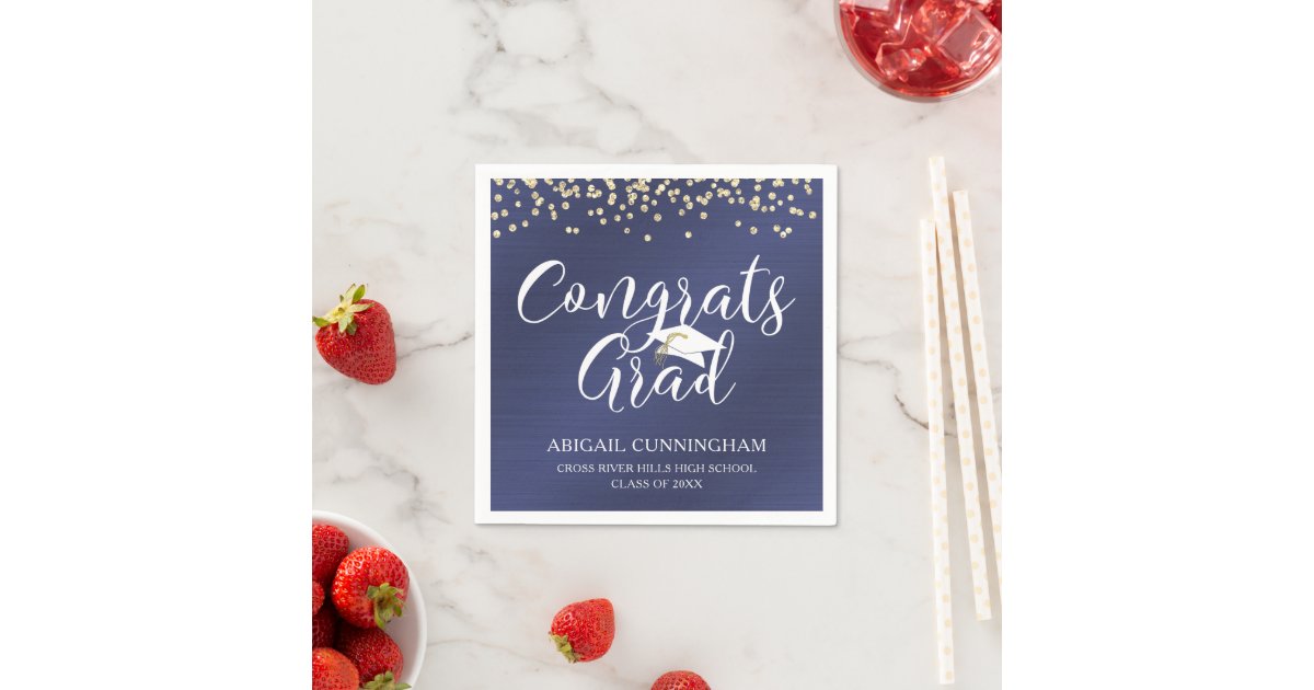 CONGRATS GRAD Script Typography Metallic Navy Blue Napkins | Zazzle