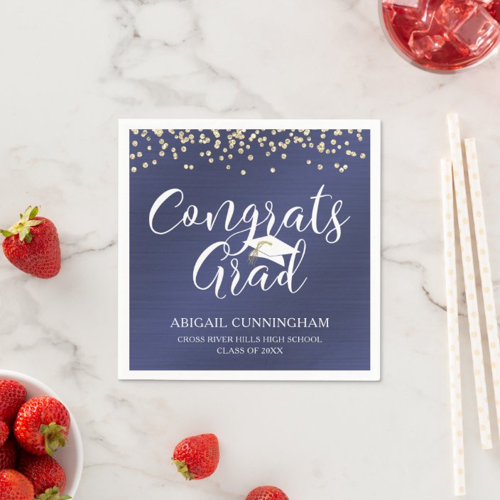 CONGRATS GRAD Script Typography Metallic Navy Blue Napkins | Zazzle.com