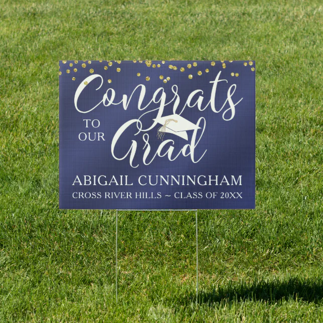 CONGRATS GRAD Script Typography Metallic Navy Blue Sign | Zazzle