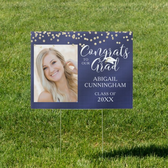 CONGRATS GRAD Script Typography Photo Navy Blue Sign | Zazzle.com