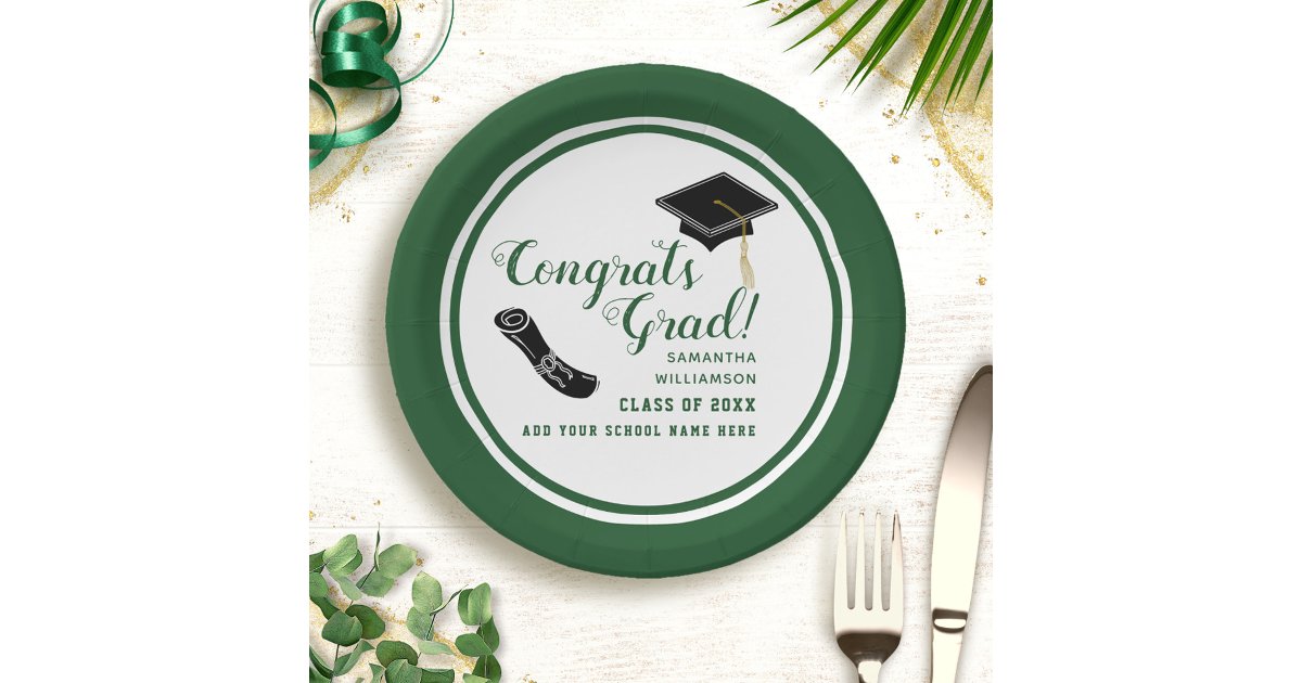 Congrats Grad White and Green Class of 2025 Paper Plates | Zazzle