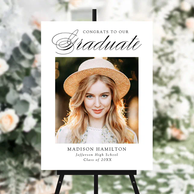 Congrats Graduate Black Script Photo Graduation Foam Board | Zazzle