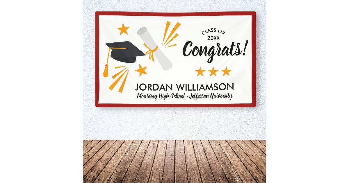 Congrats Graduate Diploma Cap Red Graduation Party Banner | Zazzle