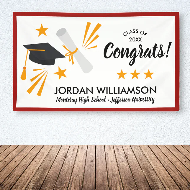Congrats Graduate Diploma Cap Red Graduation Party Banner | Zazzle