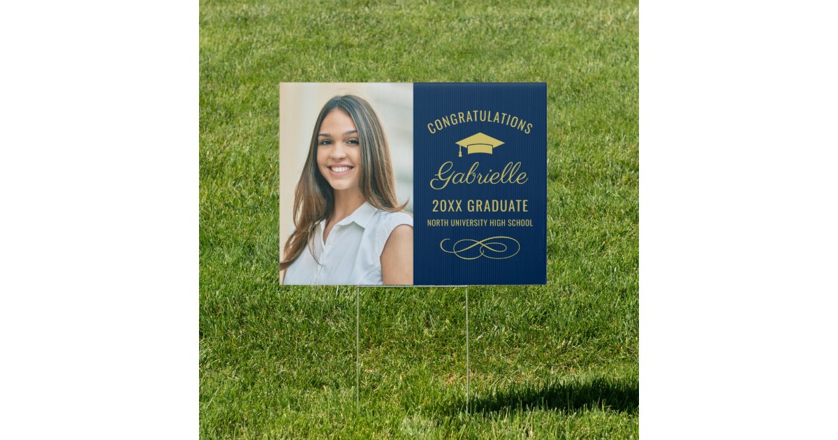 Congrats Graduate Elegant Navy Gold Photo Sign | Zazzle