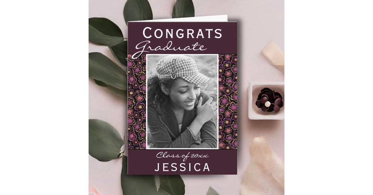Congrats Graduate Flower Pattern Photo Graduation Card | Zazzle