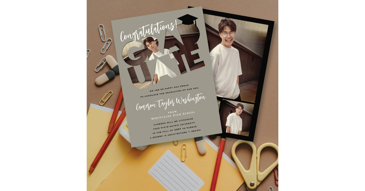Congrats Graduate Grey Cutout Photo Graduation Invitation | Zazzle