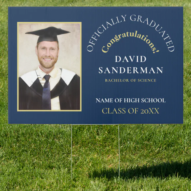 Congrats Graduate Photo Name Gold White Navy Blue Sign | Zazzle