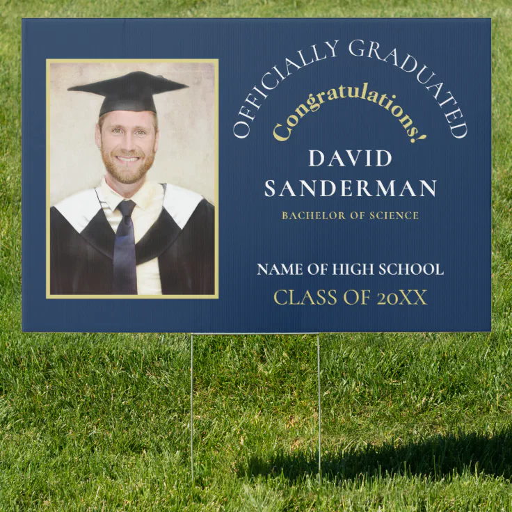 Congrats Graduate Photo Name Gold White Navy Blue Sign | Zazzle