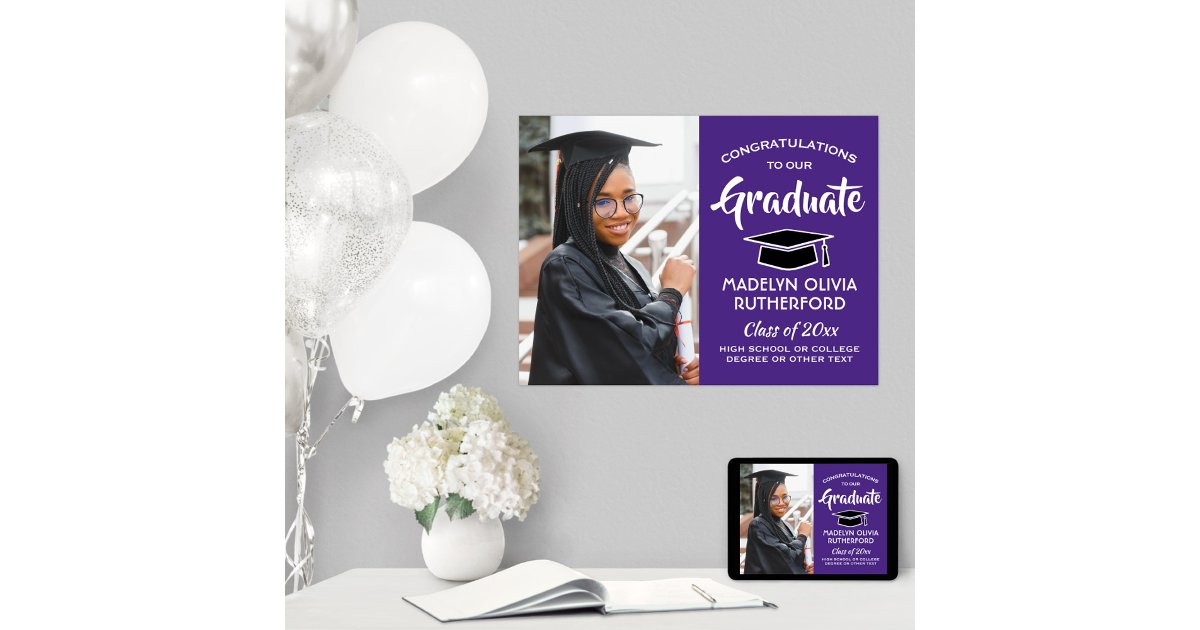 Congrats Graduate Photo Purple & White Graduation Poster | Zazzle