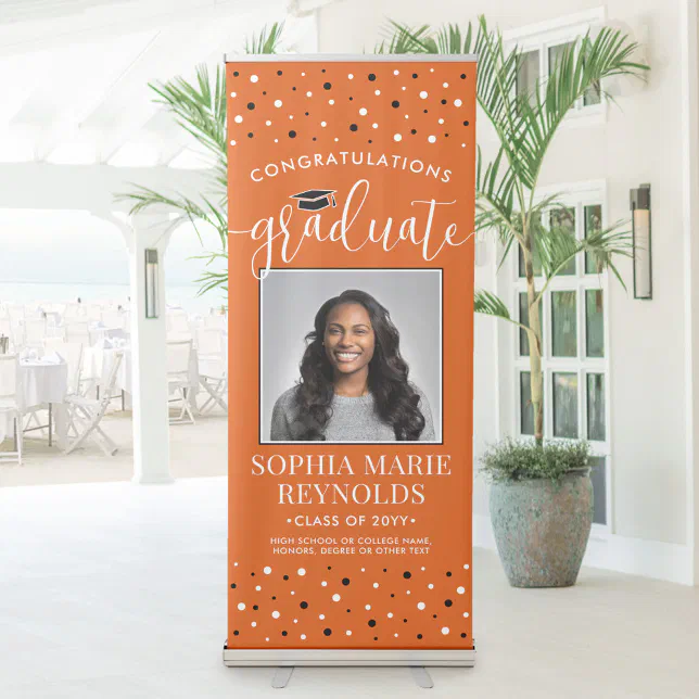 Congrats Graduation Photo Orange Black & White Retractable Banner | Zazzle