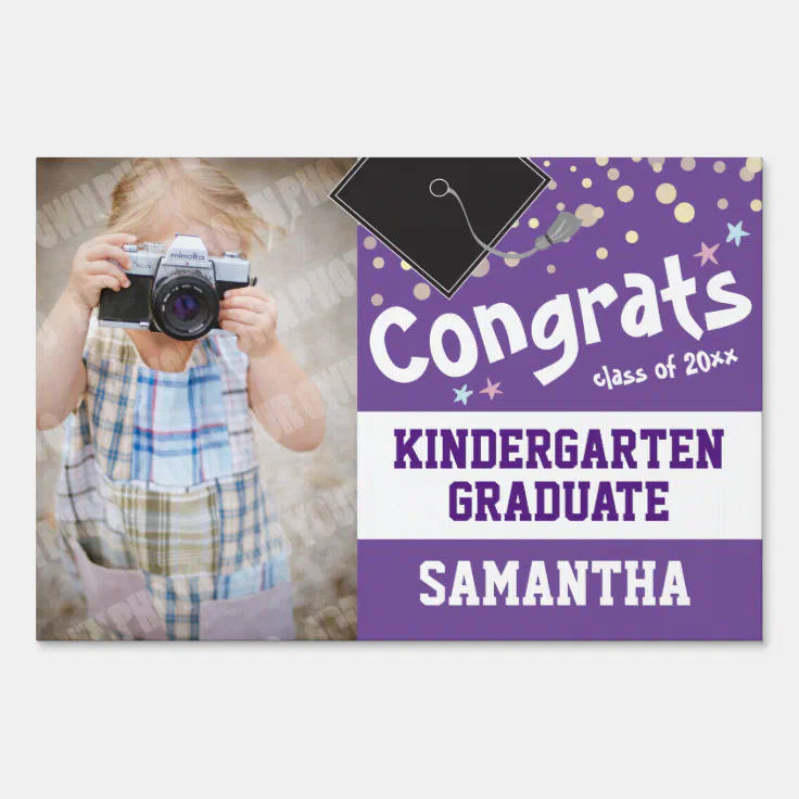 Congrats Kindergarten Grad Confetti Photo Purple Sign | Zazzle