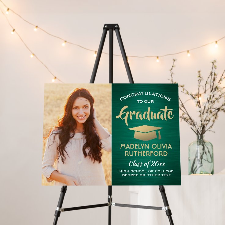 Congrats Photo Brushed Green Gold White Graduation Foam Board | Zazzle