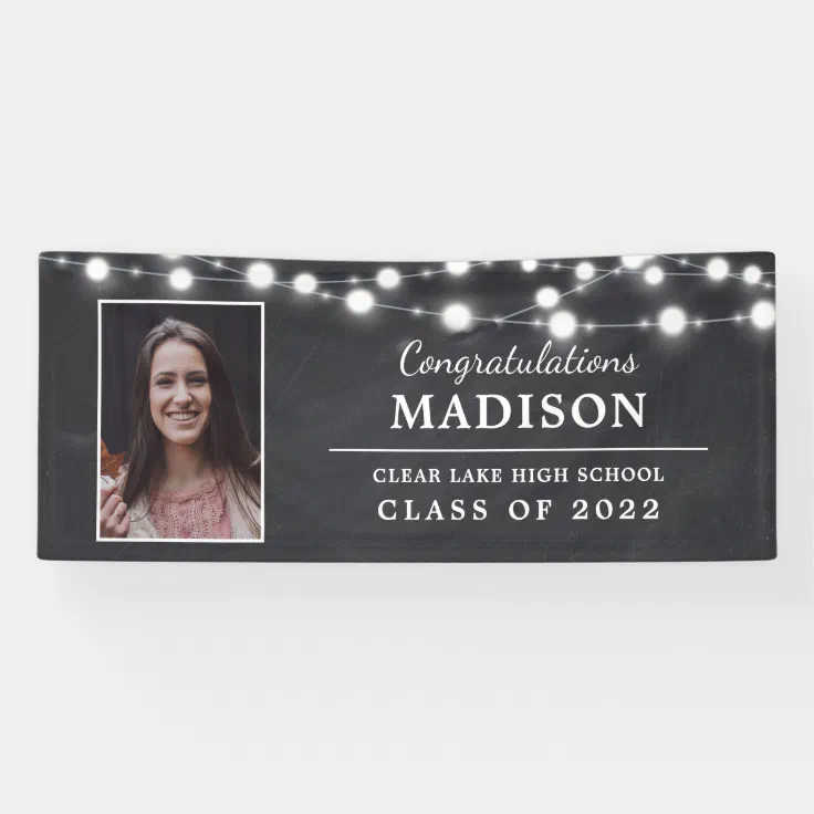 Congrats Rustic Chalk String Lights Grad Photo Banner | Zazzle