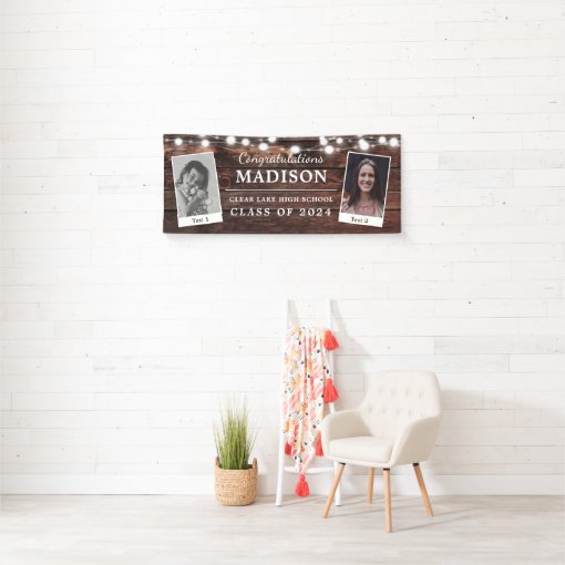 Congrats Rustic Wood String Lights Grad 2 - Photo Banner | Zazzle