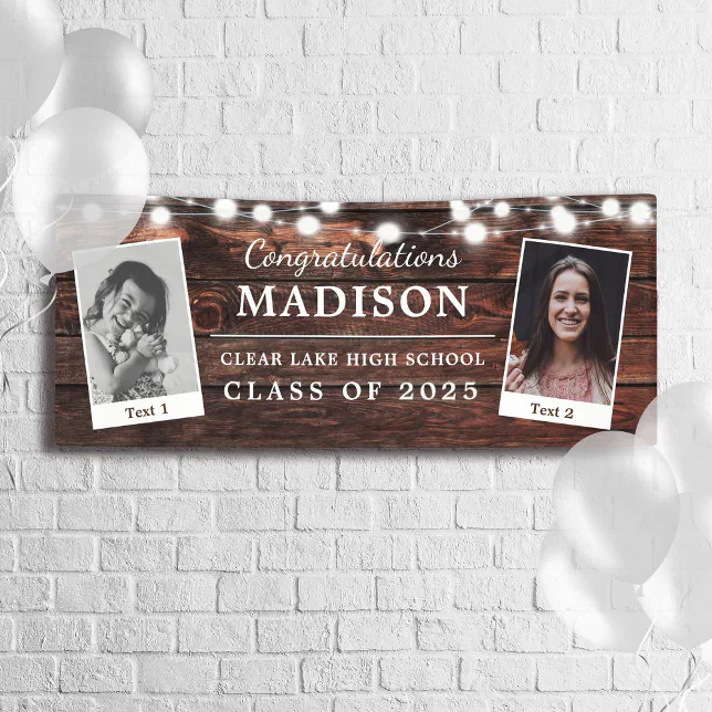 Congrats Rustic Wood String Lights Grad 2 - Photo Banner | Zazzle