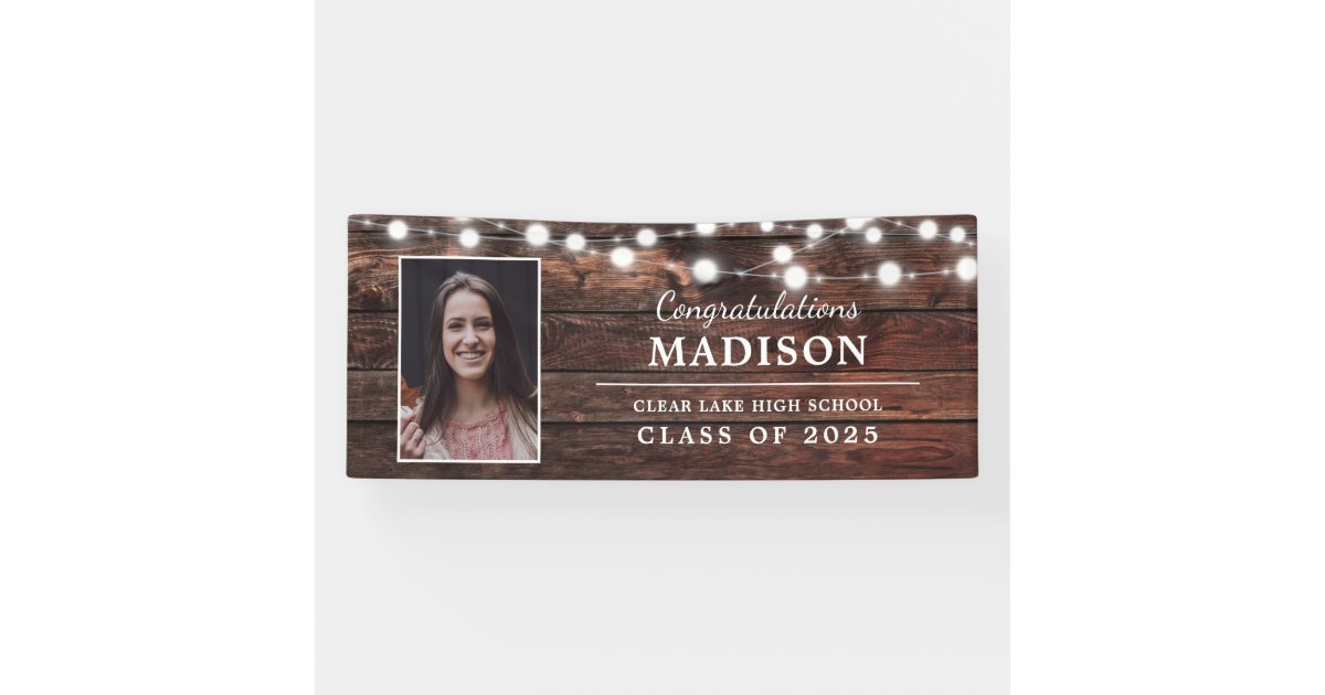Congrats Rustic Wood String Lights Grad Photo Banner | Zazzle