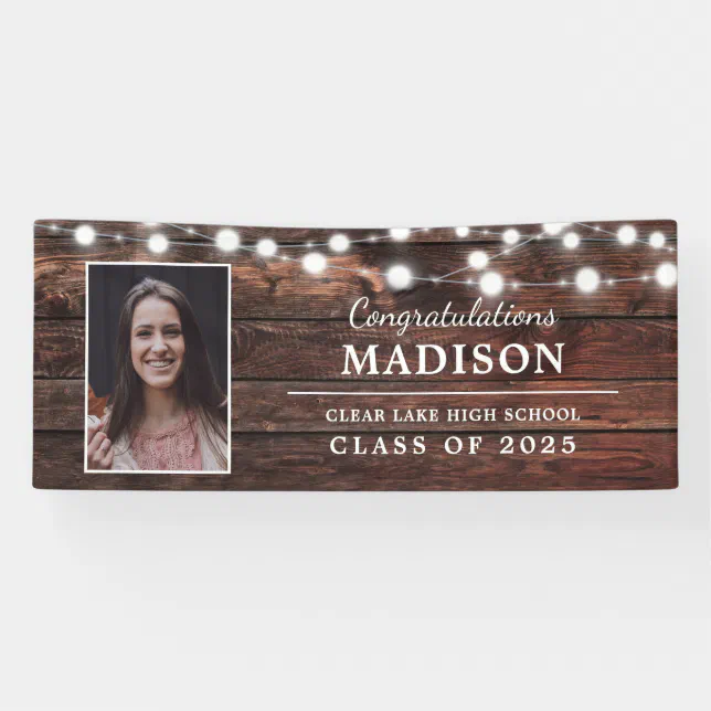 Congrats Rustic Wood String Lights Grad Photo Banner | Zazzle