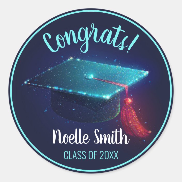 Congrats! Sparkling Blue Graduation Cap, Class of Classic Round Sticker ...