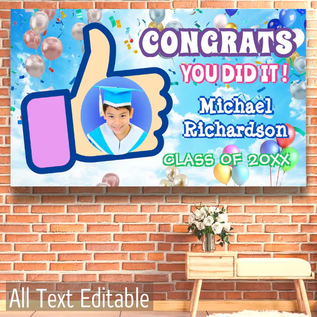 Congrats Thumbs UP You Did It Balloon Confetti Fun Banner | Zazzle