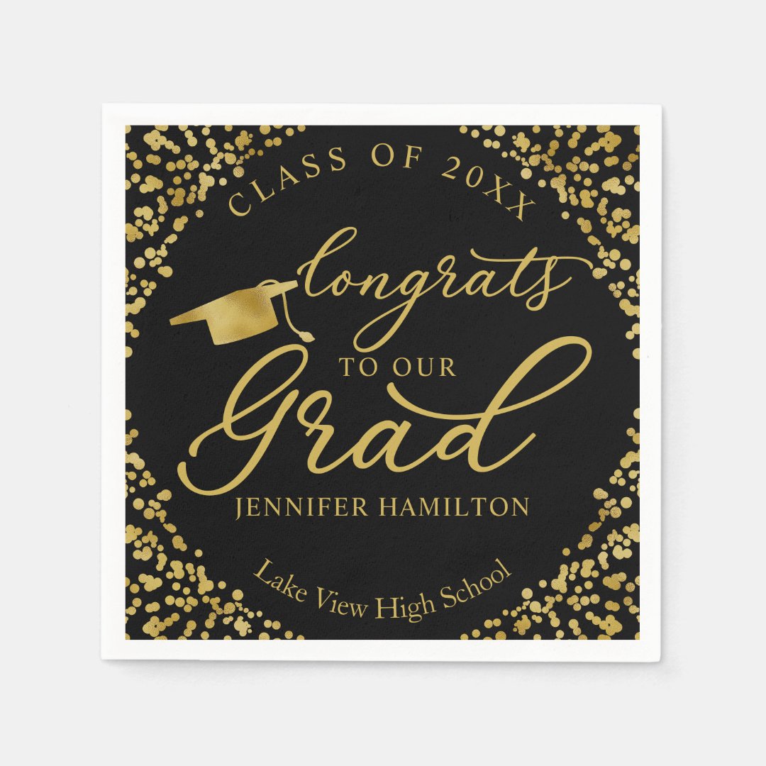 Congrats To Our Grad Gold Black Graduation Napkins | Zazzle