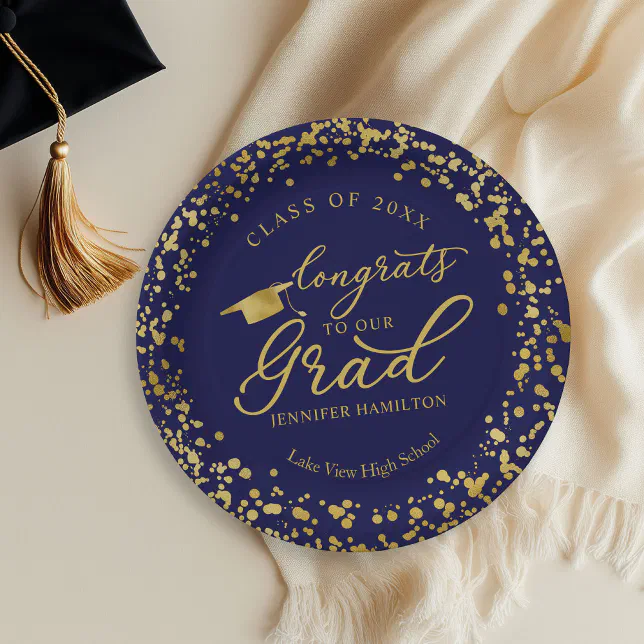 Congrats To Our Grad Gold Blue Graduation Paper Plates | Zazzle