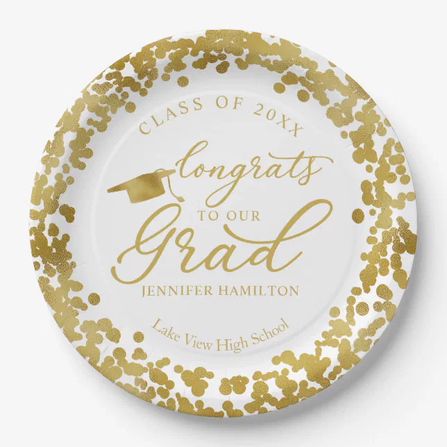 Congrats To Our Grad Gold White Graduation Paper Plates | Zazzle