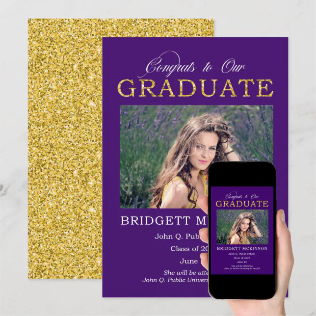 Congrats to Our Graduate Faux Gold Glitter Purple Announcement | Zazzle