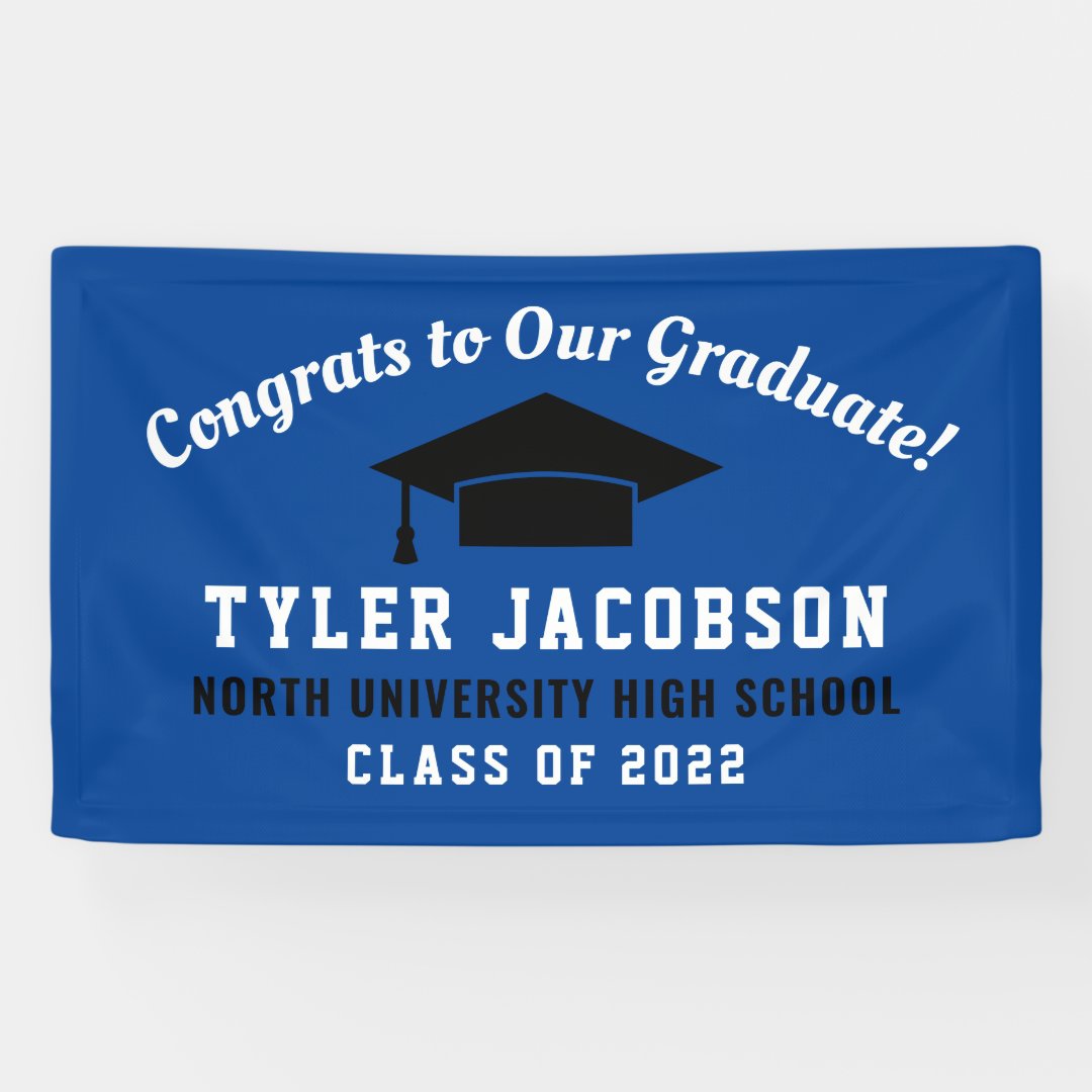 Congrats To Our Graduate Royal Blue Black Custom Banner | Zazzle