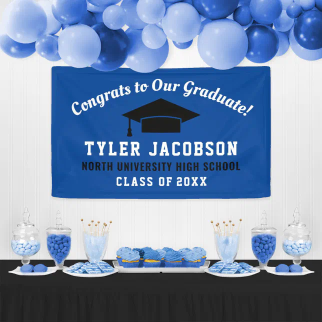 Congrats To Our Graduate Royal Blue Black Custom Banner | Zazzle