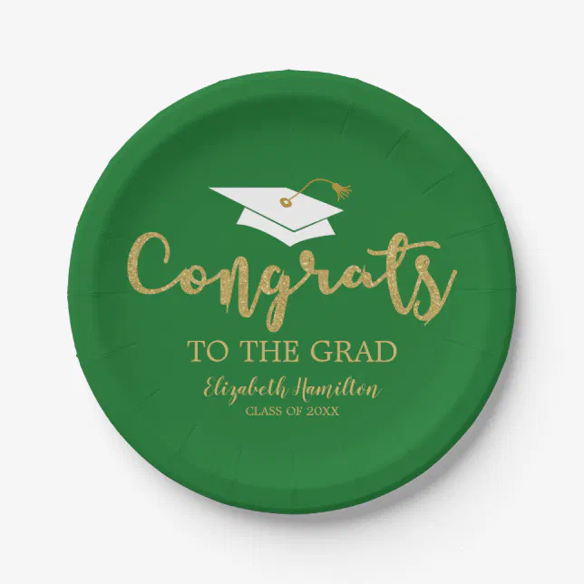 Congrats To The Grad Gold Glitter Graduation Green Paper Plates | Zazzle