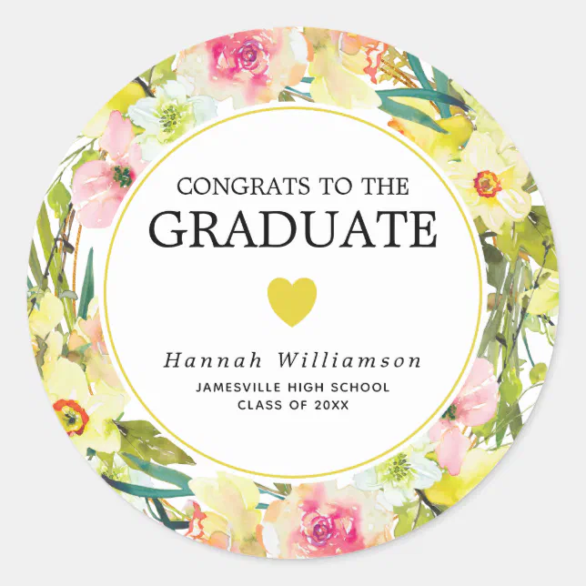 Congrats to the Grad Yellow Daffodil Heart Classic Round Sticker | Zazzle