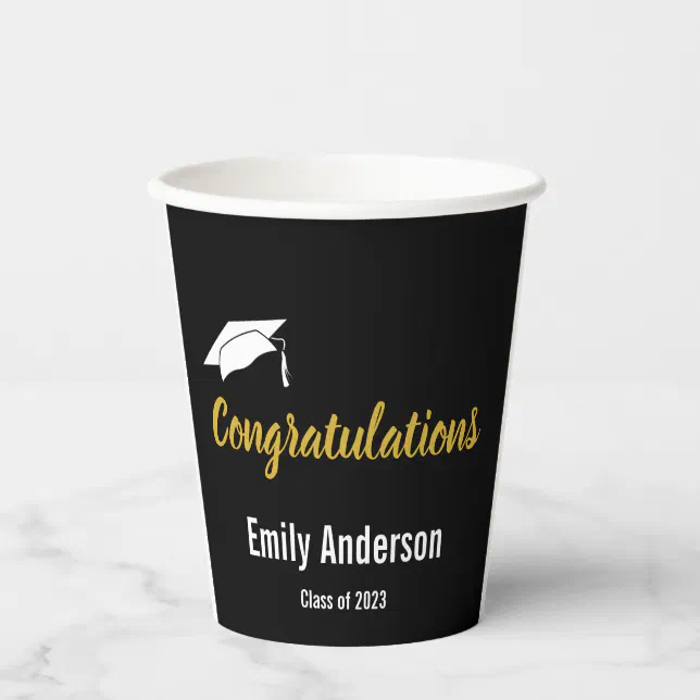 Congratulations Black White and Gold Graduation Paper Cups | Zazzle