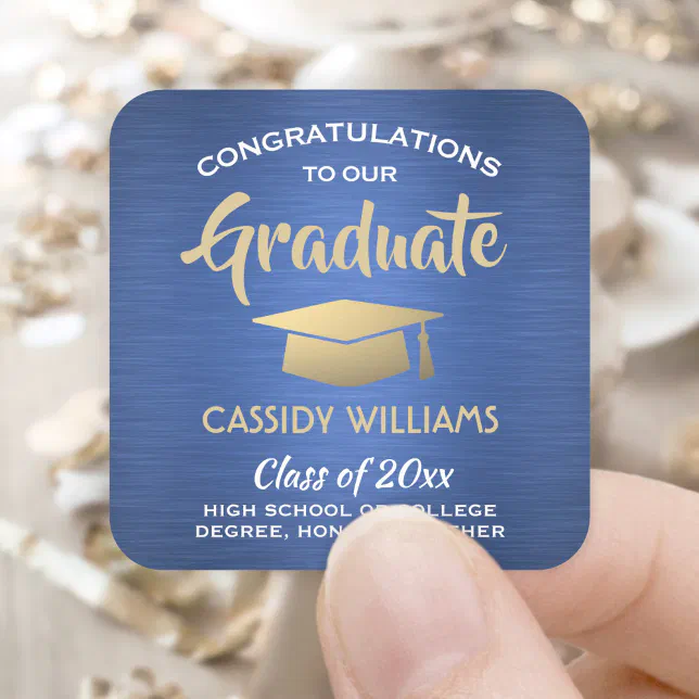 Congratulations Blue Gold White Modern Graduation Square Sticker | Zazzle