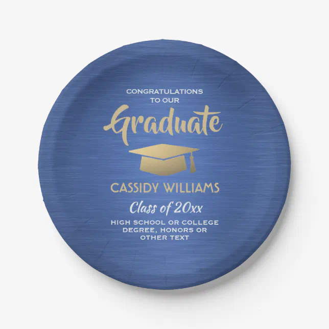Congratulations Blue Gold White Script Graduation Paper Plates | Zazzle