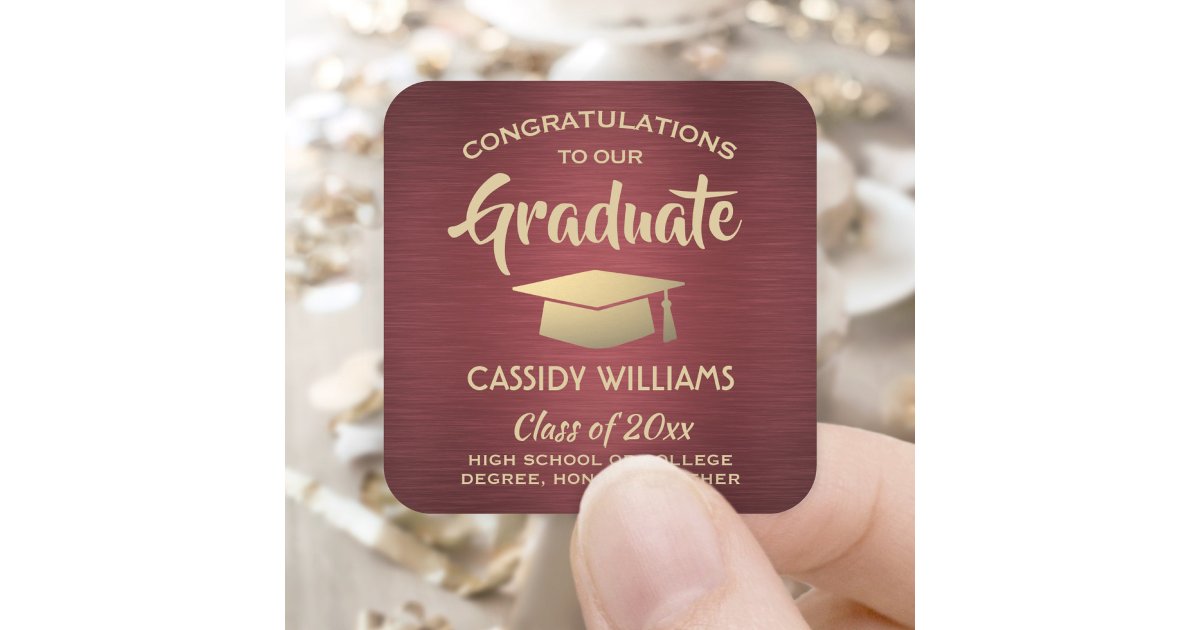 Congratulations Brushed Burgundy & Gold Graduation Square Sticker | Zazzle