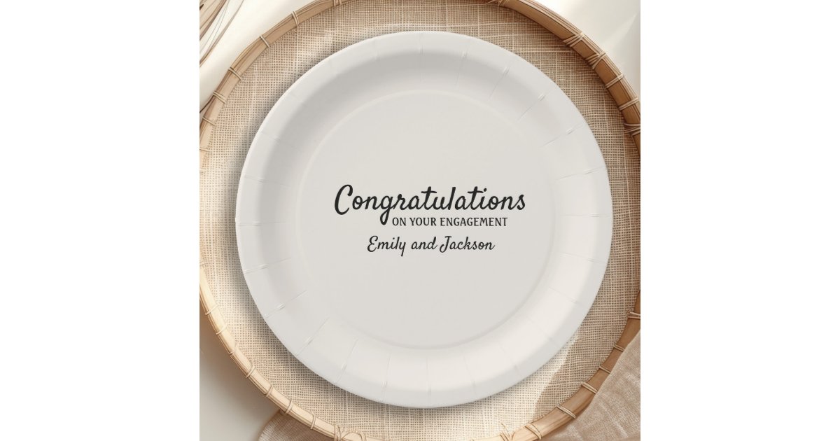Congratulations Engagement Script Name Cream White Paper Plates | Zazzle