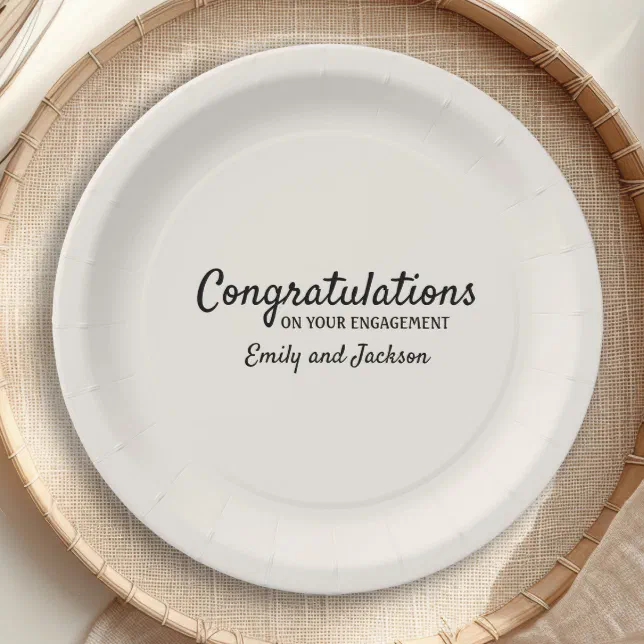 Congratulations Engagement Script Name Cream White Paper Plates | Zazzle