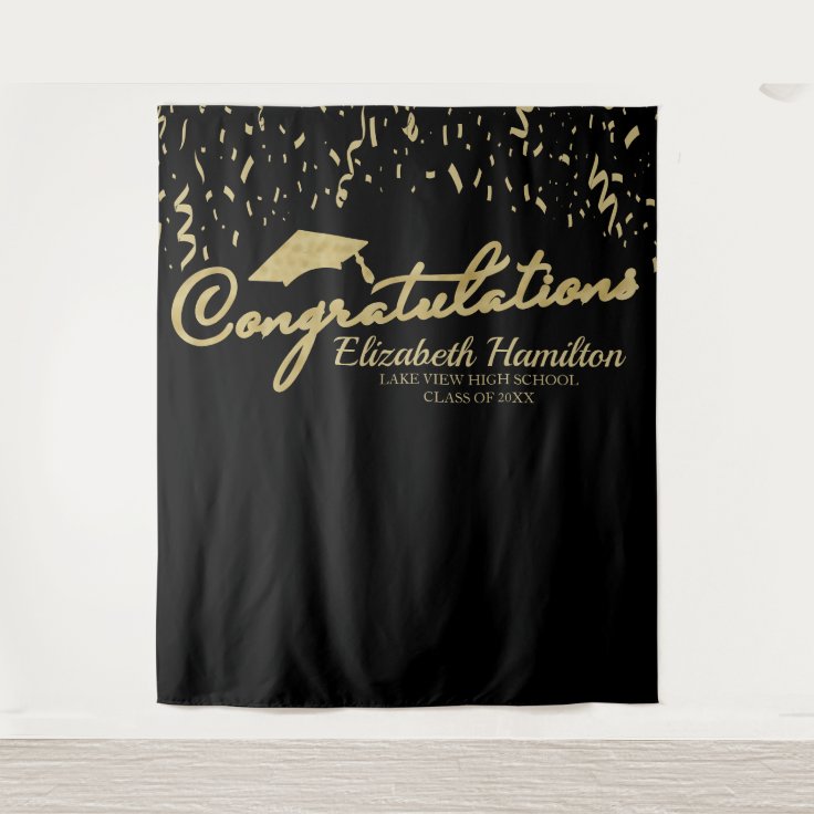 Congratulations Gold And Black Graduation Backdrop | Zazzle