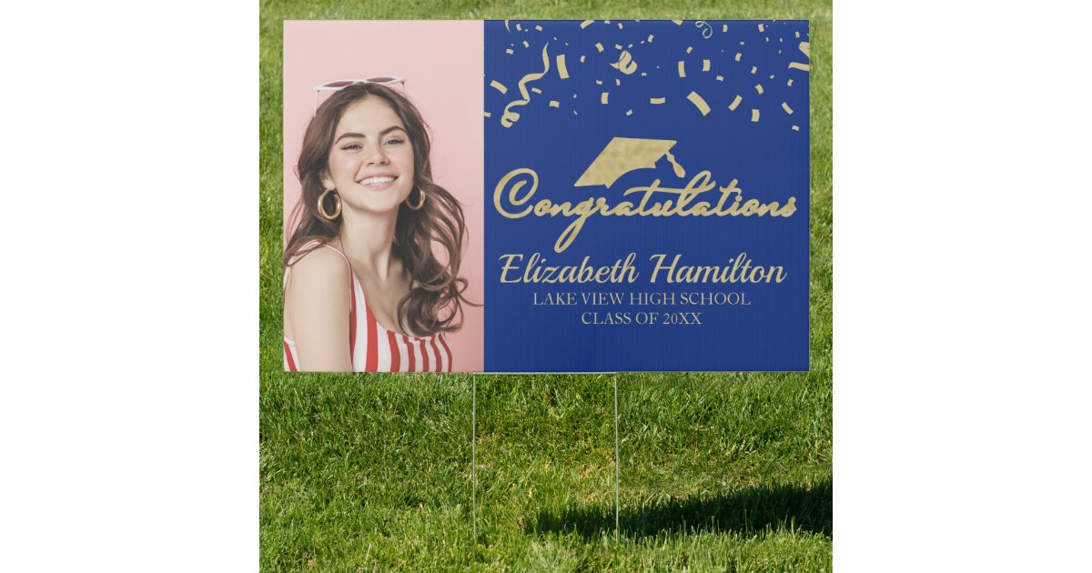 Congratulations Gold And Blue Photo Graduation Sign | Zazzle