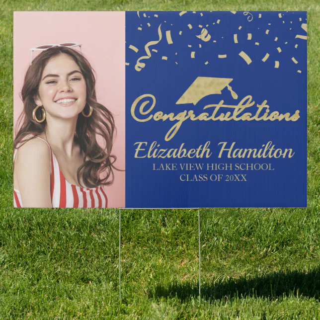 Congratulations Gold And Blue Photo Graduation Sign | Zazzle