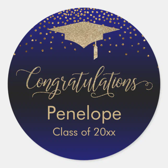 Congratulations Gold Confetti Graduation Blue Classic Round Sticker ...