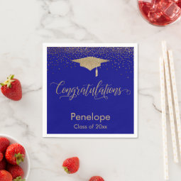Congratulations Gold Confetti Graduation Cap Blue Napkins | Zazzle